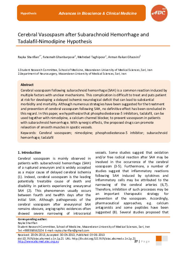 (PDF) Cerebral Vasospasm after Subarachnoid Hemorrhage and Tadalafil-Nimodipine Hypothesis