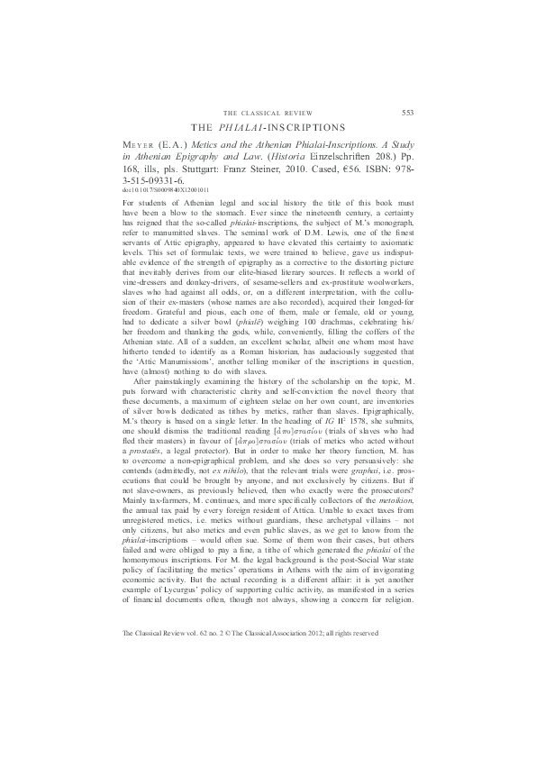 (PDF) Meyer (E. A.) Metics and the Athenian Phialai-Inscriptions. A ...