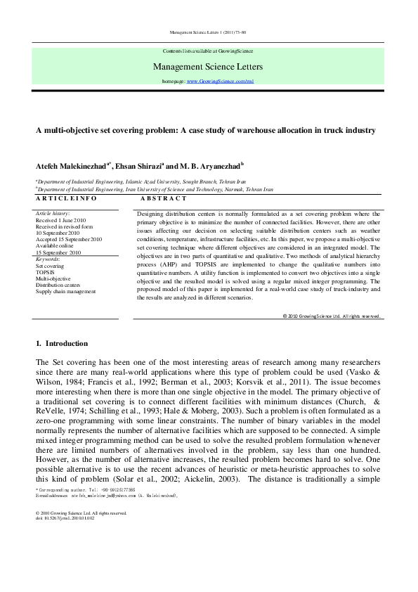 (PDF) Management Science Letters A multi-objective set covering problem: A case study of ...