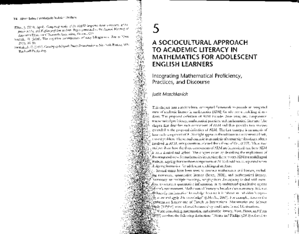 (PDF) Moschkovich, J. N. (2015). A sociocultural approach to academic literacy in mathematics ...
