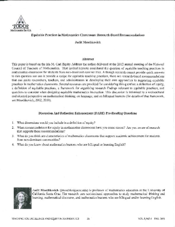 (PDF) Moschkovich, J. N. (2013). Equitable practices in mathematics ...