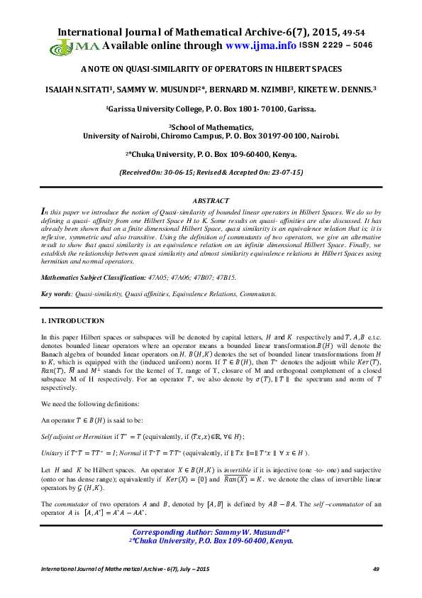 Pdf A Note On Quasi Similarity Of Operators In Hilbert Spaces