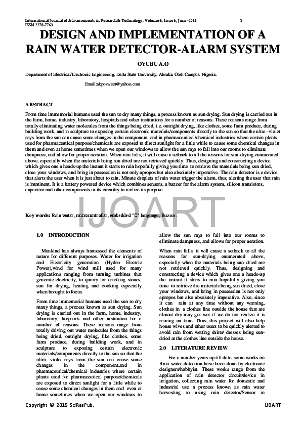 (PDF) DESIGN AND IMPLEMENTATION OF A RAIN WATER DETECTOR-ALARM SYSTEM
