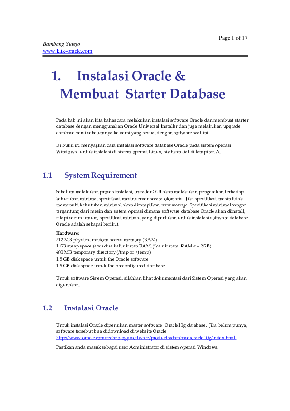 (PDF) Instalasi Oracle & Membuat Starter Database