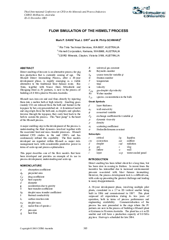 (PDF) FLOW SIMULATION OF THE HISMELT PROCESS
