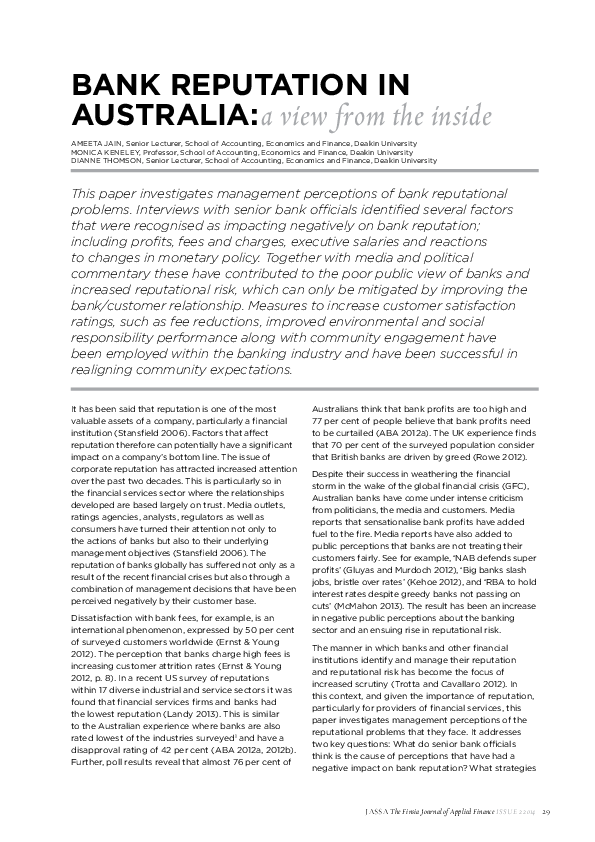 (PDF) BANK REPUTATION IN AUSTRALIA: a view from the inside