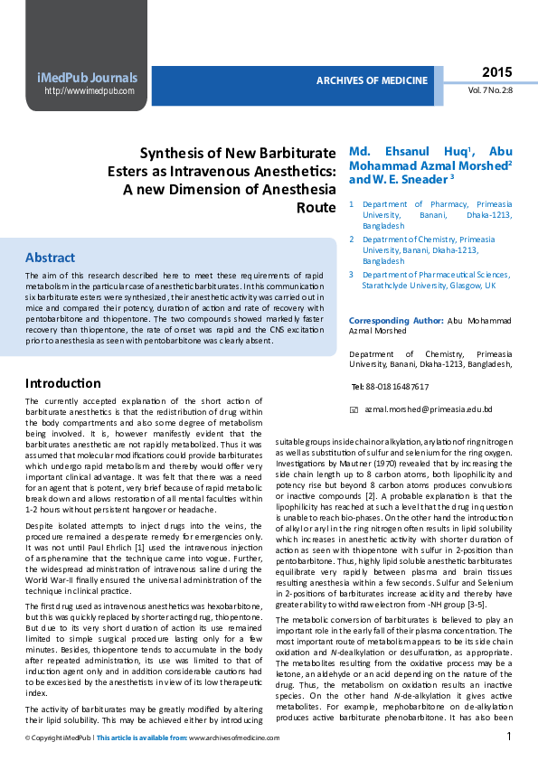 Synthesis of New Barbiturate Esters as Intravenous Anesthetics: A new ...