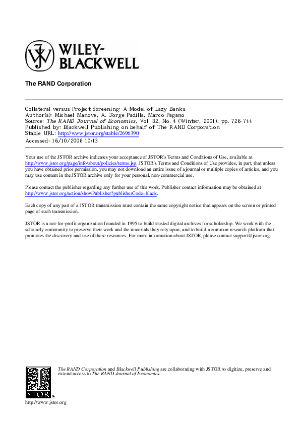 (PDF) Collateral vs. Project Screening: a Model of Lazy Banks