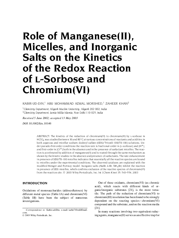 Role of Manganese(II), Micelles, and Inorganic Salts on the Kinetics of ...