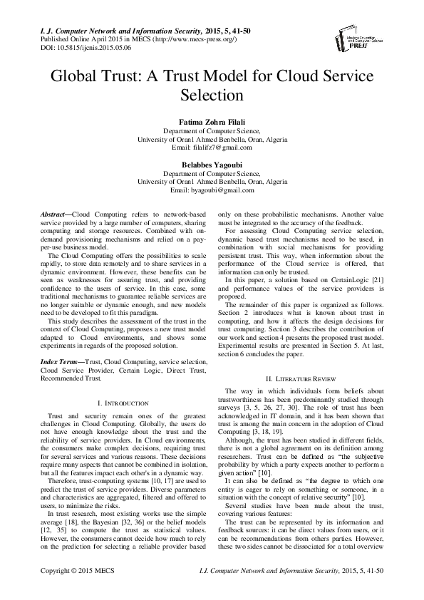 (PDF) Global Trust: a trust model for Cloud service selection