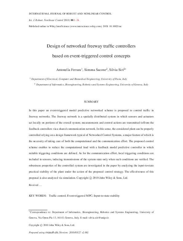 Pdf Design Of Networked Freeway Traffic Controllers Based On Event Triggered Control Concepts
