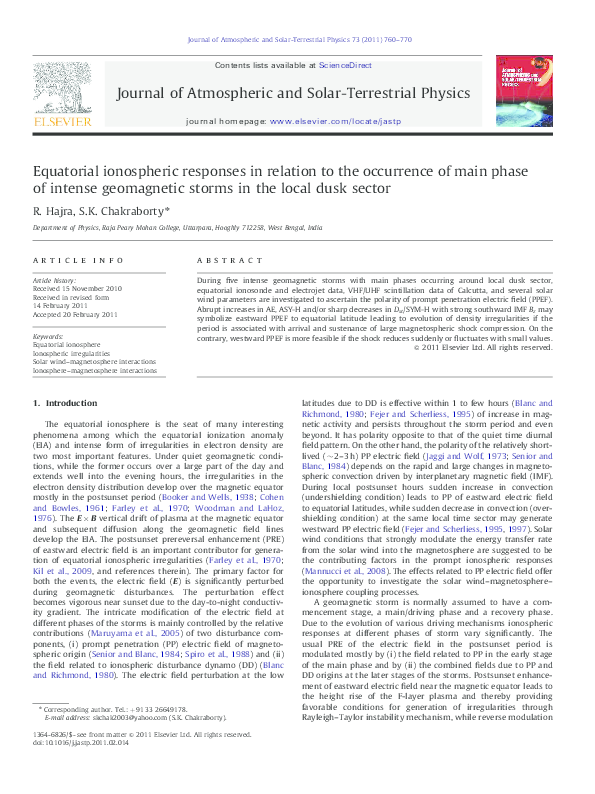 (PDF) Equatorial ionospheric responses in relation to the occurrence of main phase of intense ...