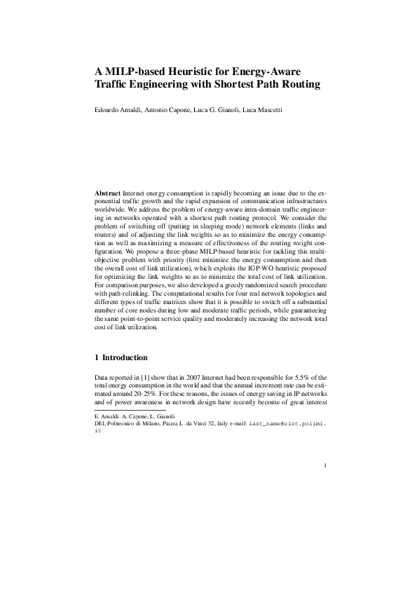 Pdf A Milp Based Heuristic For Energy Aware Traffic Engineering With Shortest Path Routing