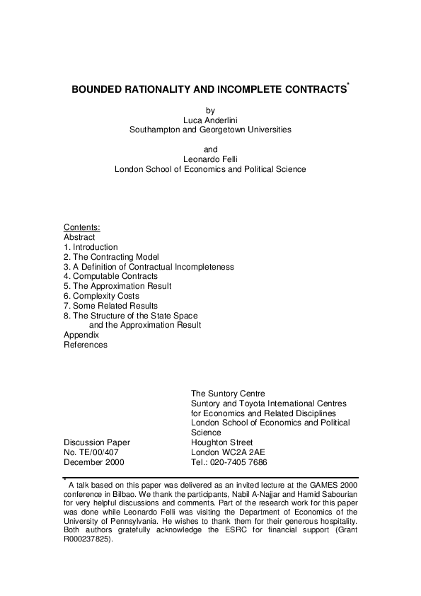 (PDF) Bounded Rationality and Incomplete Contracts