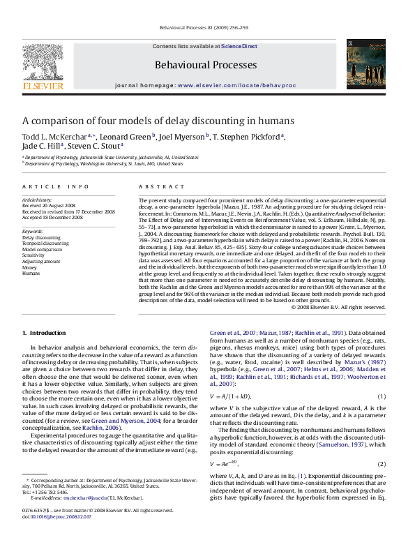 (PDF) A comparison of four models of delay discounting in humans