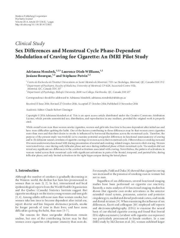 Pdf Sex Differences And Menstrual Cycle Phase Dependent Modulation Of Craving For Cigarette