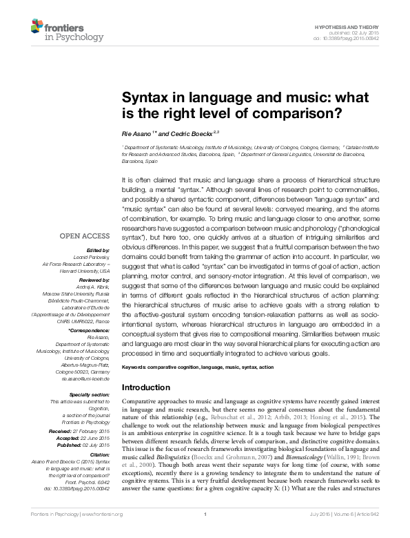 (PDF) Syntax in language and music: what is the right level of comparison?