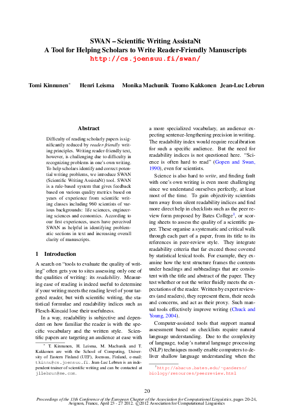 (PDF) SWAN – Scientific Writing AssistaNt A Tool for Helping Scholars ...