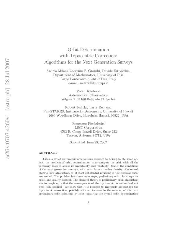 Pdf Orbit Determination With Topocentric Correction Algorithms For