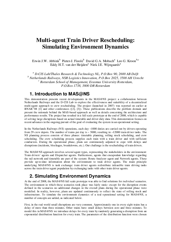 (PDF) Multi-agent Train Driver Rescheduling: Simulating Environment Dynamics