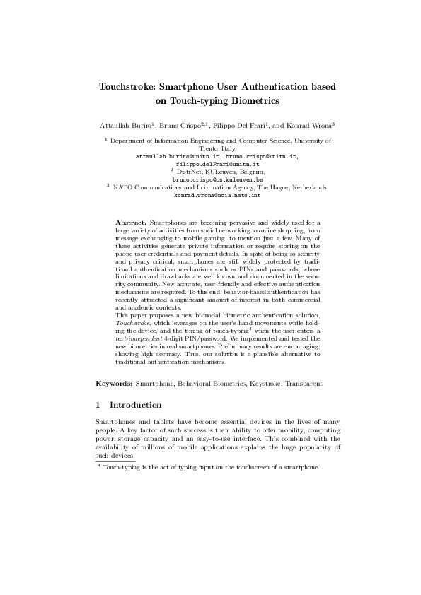 Pdf Touchstroke Smartphone User Authentication Based On Touch Typing