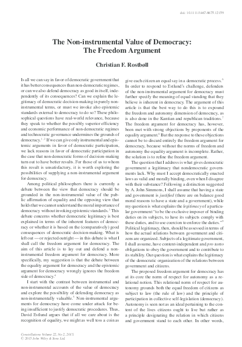 (PDF) The Non-Instrumental Value of Democracy: The Freedom Argument