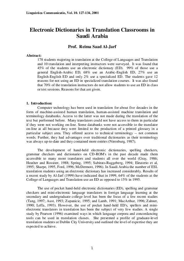 (PDF) Electronic Dictionaries in Translation Classrooms in Saudi Arabia