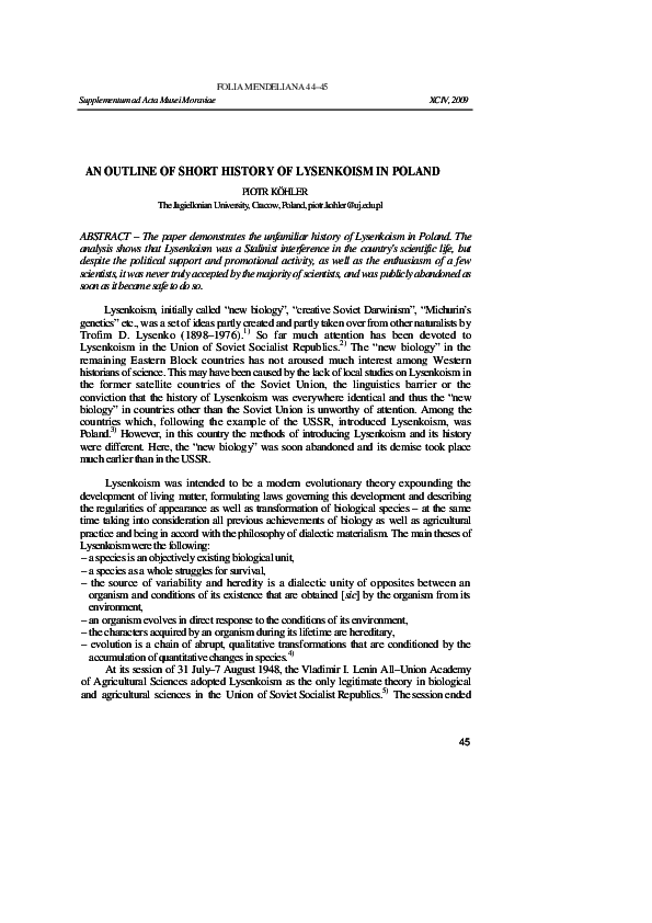 (PDF) An outline of short history of Lysenkoism in Poland.