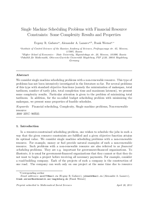 Single machine scheduling problems with financial resource constraints: Some complexity results ...