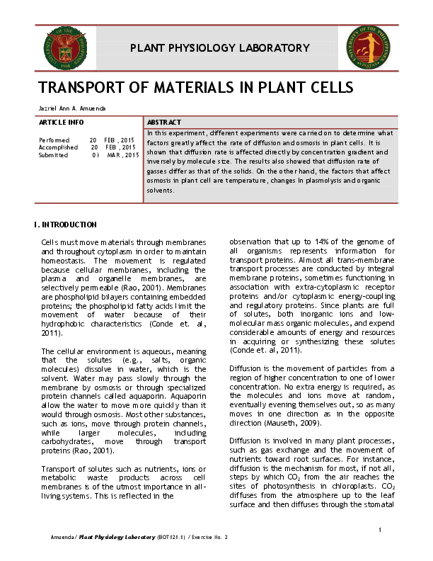 (PDF) Transport of Materials in Plant Cells