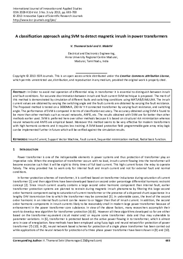 (PDF) A classification approach using SVM to detect magnetic inrush in power transformers