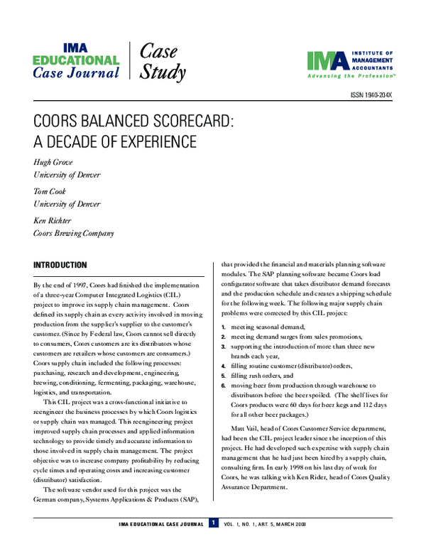 (PDF) COORS BALANCED SCORECARD: A DECADE OF EXPERIENCE