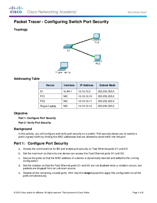(PDF) Packet Tracer -Configuring Switch Port Security Topology Addressing Table Device Interface ...