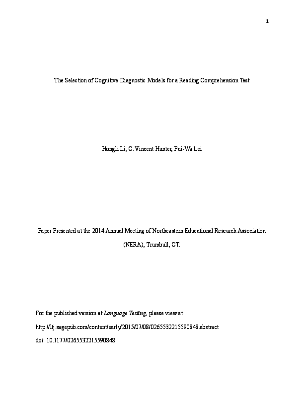 Pdf The Selection Of Cognitive Diagnostic Models For A Reading Test