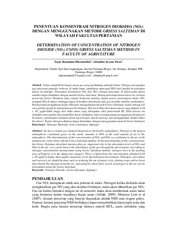 (PDF) PENENTUAN KONSENTRASI NITROGEN DIOKSIDA (NO2) DENGAN MENGGUNAKAN ...