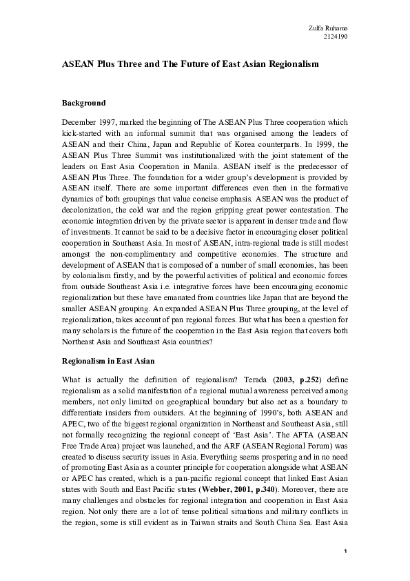 (PDF) ASEAN Plus Three and East Asian Regionalism