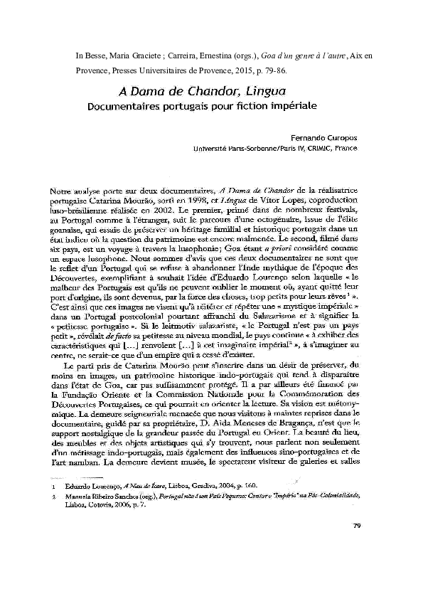 (DOC) « A Dama de Chandor, Língua. Documentaires portugais pour fiction impériale », in Goa d’un ...