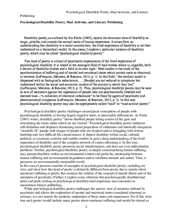 (DOC) Psychological Disability Poetry, Mad Activism, and Literary ...