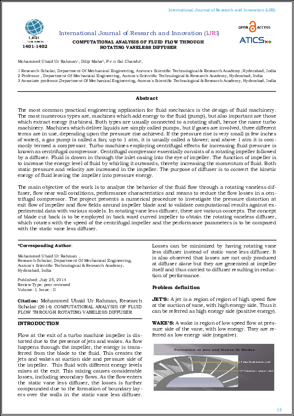 Pdf Computational Analysis Of Fluid Flow Through Rotating Vaneless Diffuser