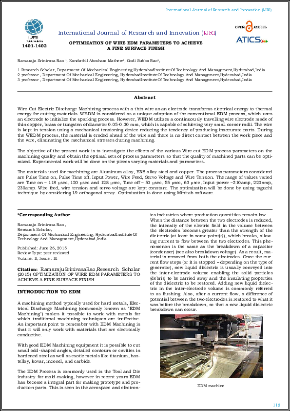 Pdf Optimization Of Wire Edm Parameters To Achieve A Fine Surface Finish Introduction To Edm