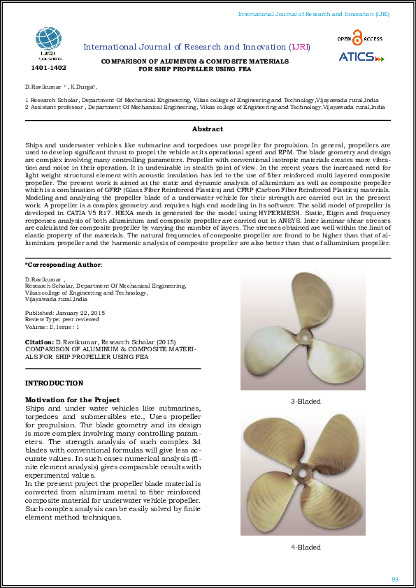 Pdf Comparison Of Aluminum And Composite Materials For Ship Propeller Using Fea