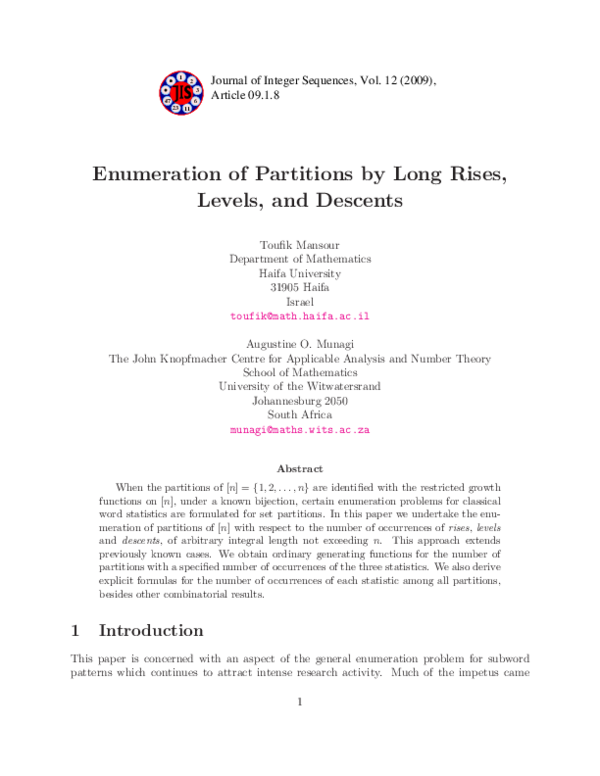 (PDF) Enumeration of Partitions by Long Rises, Levels, and Descents