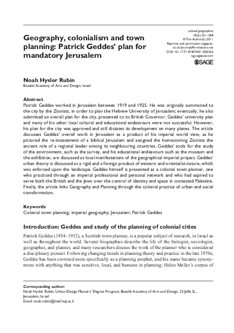 (PDF) Geography, colonialism and town planning: Patrick Geddes’ plan ...