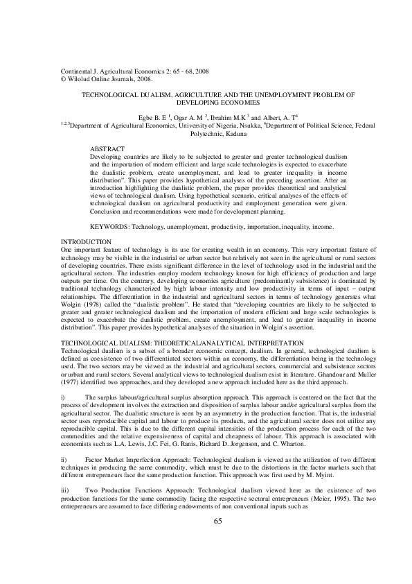(PDF) TECHNOLOGICAL DUALISM, AGRICULTURE AND THE UNEMPLOYMENT PROBLEM ...