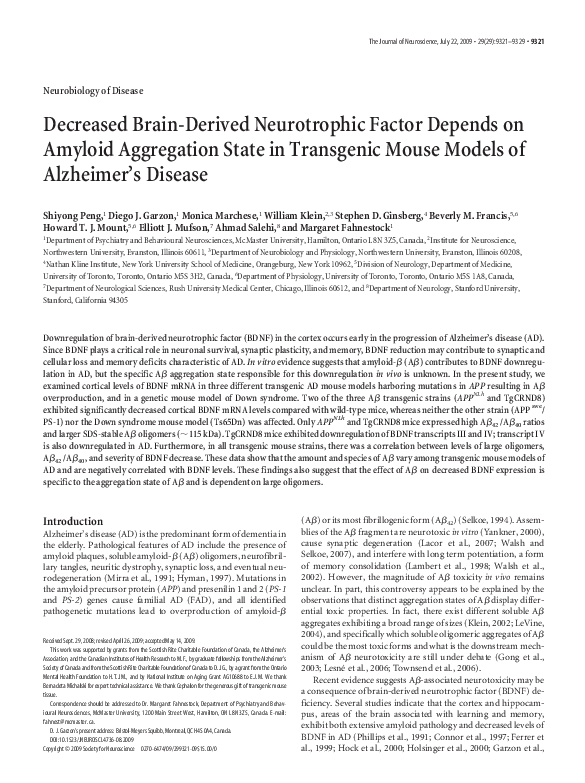 (PDF) Decreased Brain-Derived Neurotrophic Factor Depends on Amyloid ...