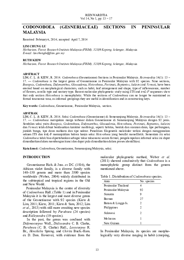 (PDF) CODONOBOEA (GESNERIACEAE) SECTIONS IN PENINSULAR MALAYSIA