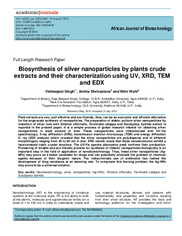 (PDF) Biosynthesis of silver nanoparticles by plants crude extracts and their characterization ...
