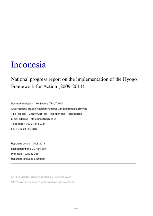 (PDF) Indonesia: National progress report on the implementation of the Hyogo Framework for ...