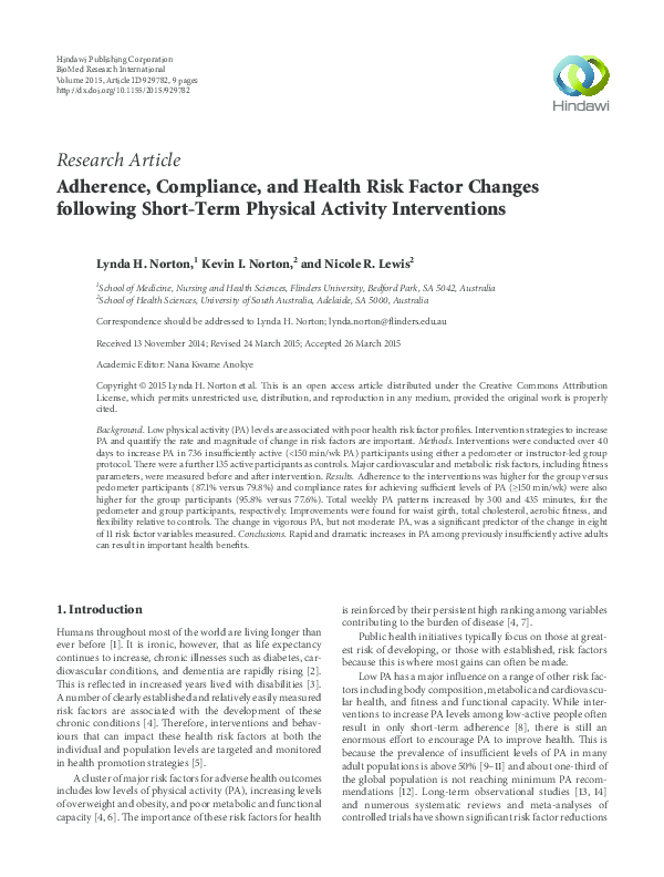 (PDF) Research Article Adherence, Compliance, and Health Risk Factor ...