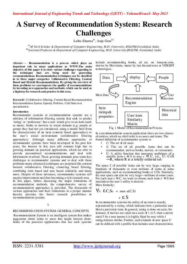 (PDF) A Survey of Recommendation System: Research Challenges